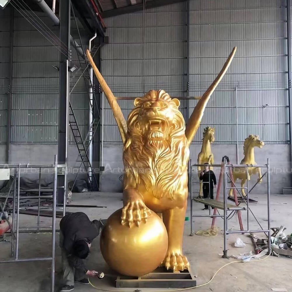 Large Gold Lion Statue, Winged Lion with Ball