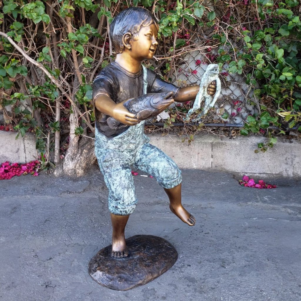 Boy Holding Fish and Frog Statue - Arturban Statue