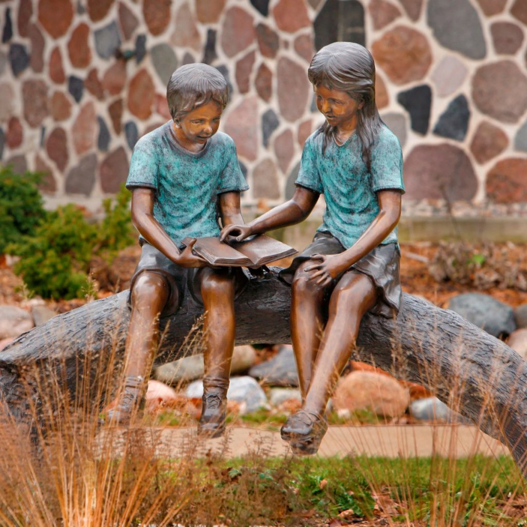 Boy and Girl on Log Reading Statue - Arturban Statue
