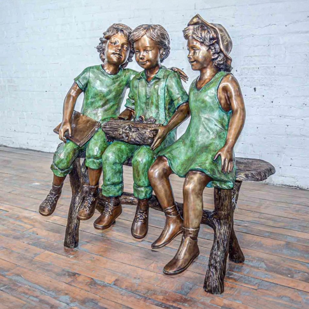 Three Children on Bench Sculpture - Arturban Statue